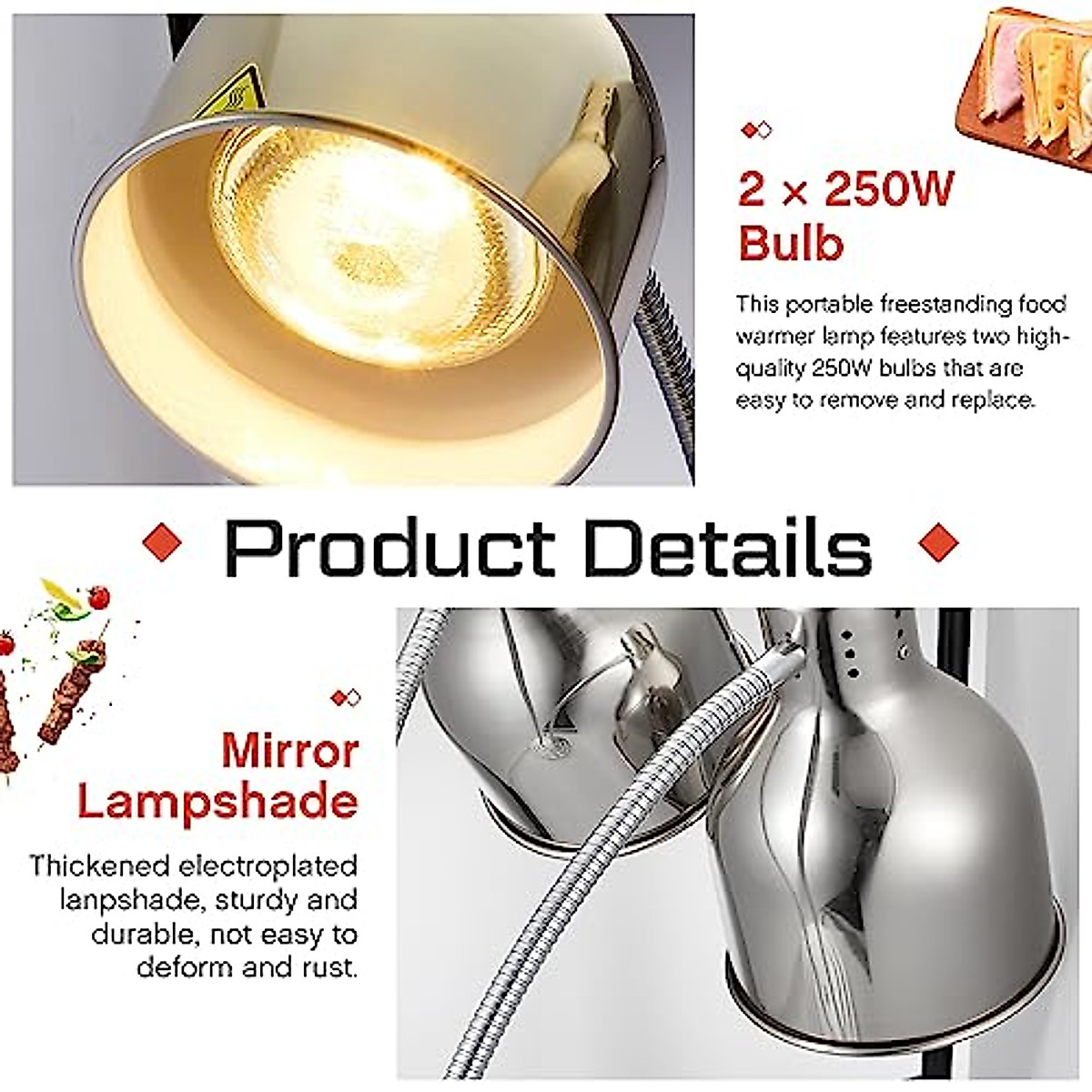 VIHOSE Food Heat Lamp Food Heat Preservation Lamp Commercial Food Warmer Light Portable Catering Heat Lamp for Restaurant Kitchen Food Heating Home Use Service Buffet, Dual Head, 250W Bulb, Silver