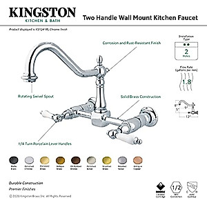 Kingston Brass KS1242PL Heritage Wall Mount 8-Inch Center Kitchen Faucet, Porcelain Lever Handle, 8-1/2-Inch, Polished Brass