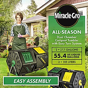 Miracle-Gro Large Dual Chamber Compost Tumbler – Easy-Turn, Fast-Working System – All-Season, Heavy-Duty, High Volume Composter with 2 Sliding Doors - (2 – 27.7gallon /105 Liter), Black
