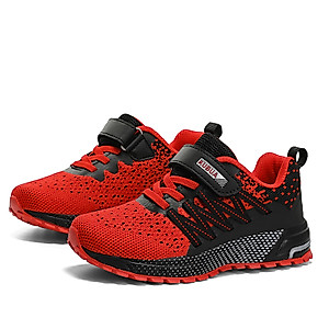 KUBUA Kids Sneakers for Boys Girls Running Tennis Shoes Lightweight Breathable Sport Athletic Black Red Big Kid Size 2