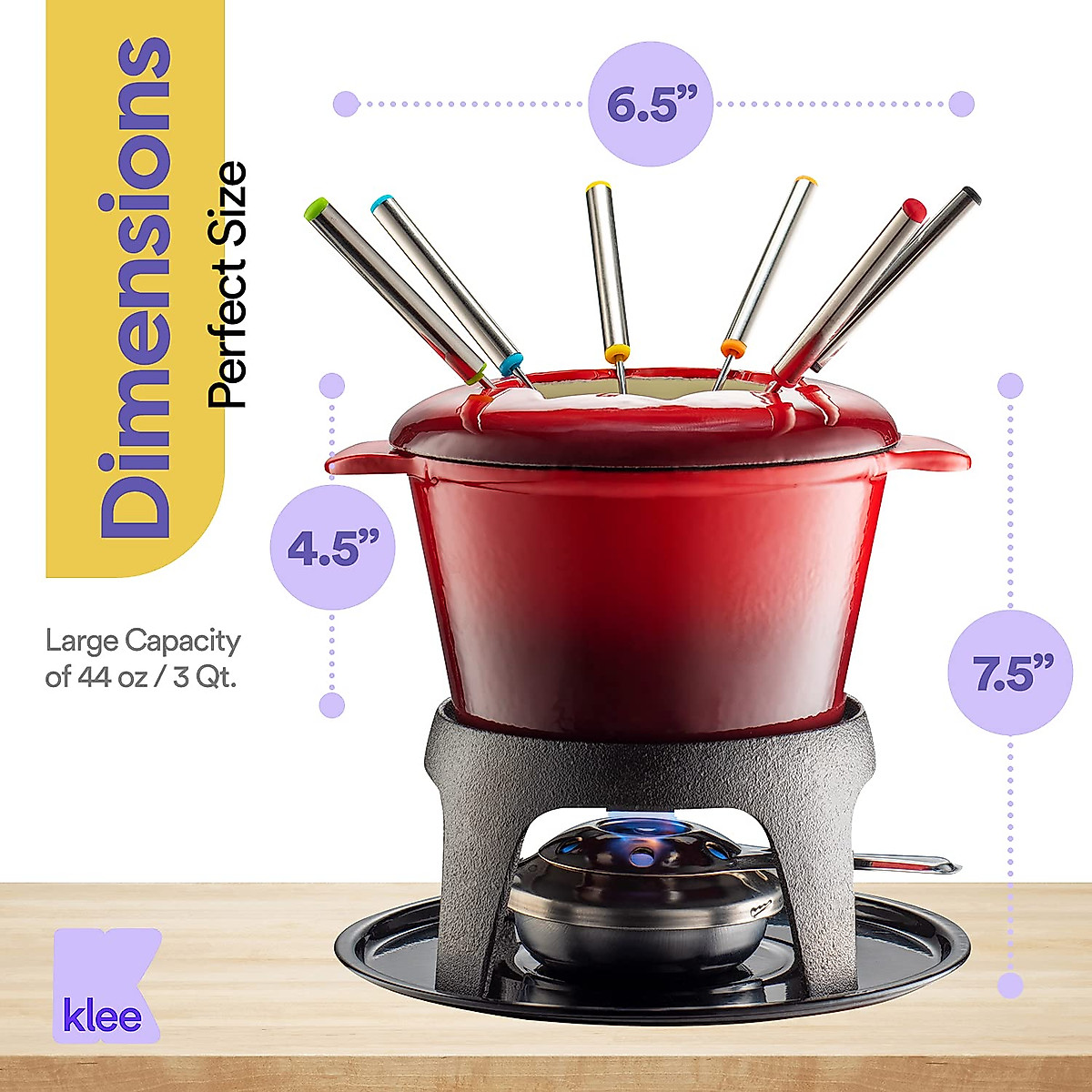 Klee 12-Piece Cast Iron Fondue Set with Red Fondue Pot, 6 Fondue Forks, Fondue Burner and Fondue Pot Base, 44 oz