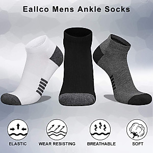 eallco Mens Ankle Socks Low Cut Athletic Cushioned Running Tab Socks 10 Pairs Black (Fits Mens Shoe Size 6-12)