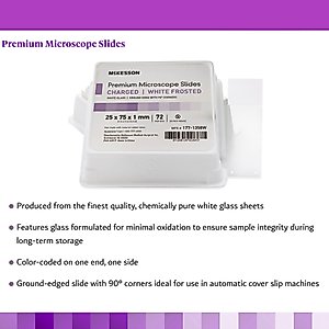 McKesson Microscope Slides - Charged, White Frosted, Ground Edged with 90° Corners, Pre-Cleaned Glass Slides, 72 Count