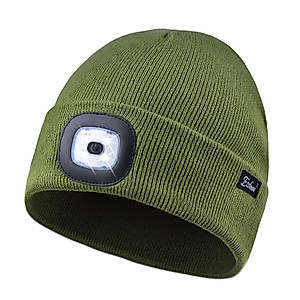 Etsfmoa Unisex Beanie with The Light Gifts for Men Dad Father USB Rechargeable Caps Olive Green