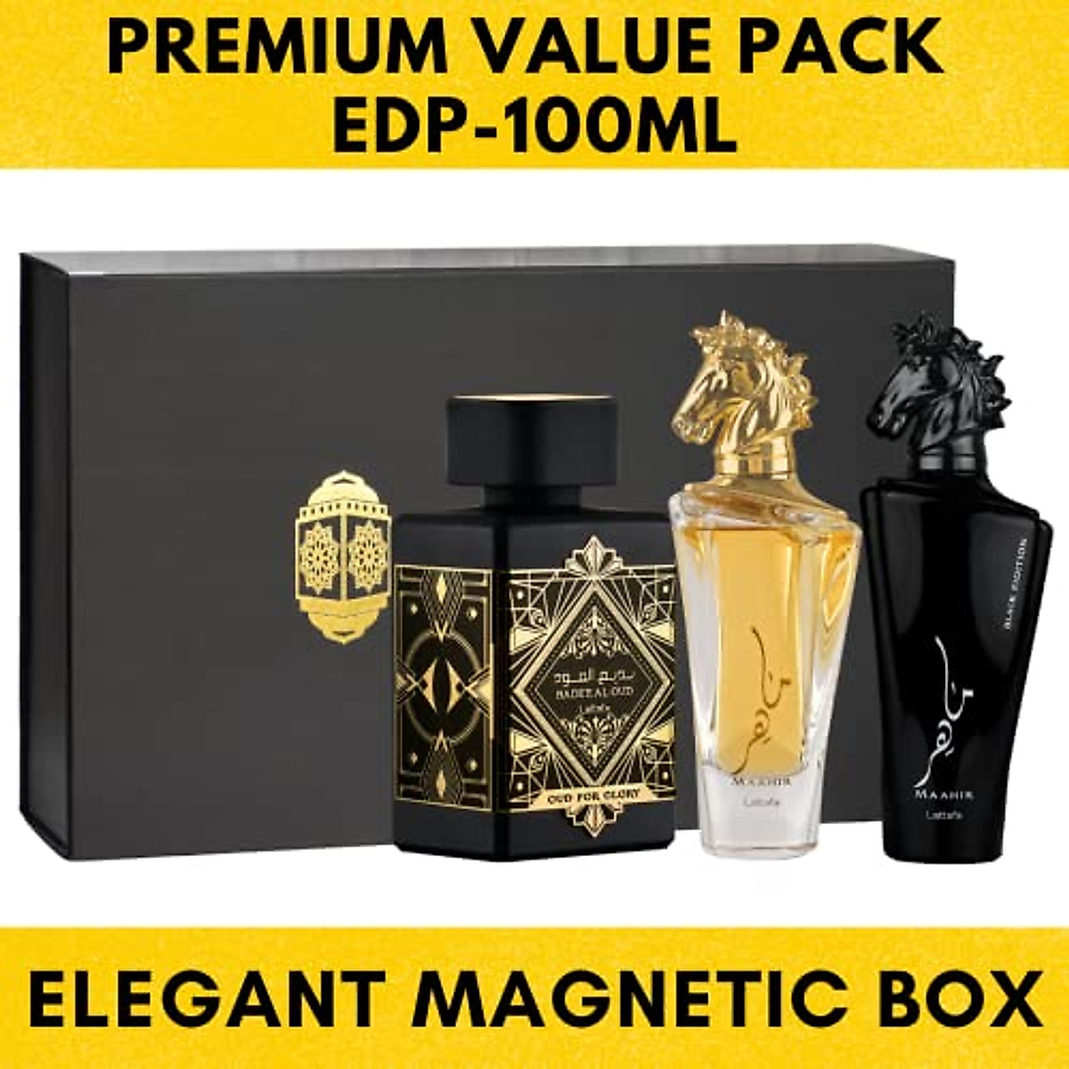 Maahir, Maahir Black & Bade'e Al Oud for Glory - EDP 100ML(3.4 oz) with Magnetic Gift Box Perfect For Gifting I Bold and Rich Oud Fragrance I Sandalwood, Musk and Vanilla Notes I Saffron, Lavender, & Nutmeg I Signature Arabian Perfumery I by Lattafa Perfu