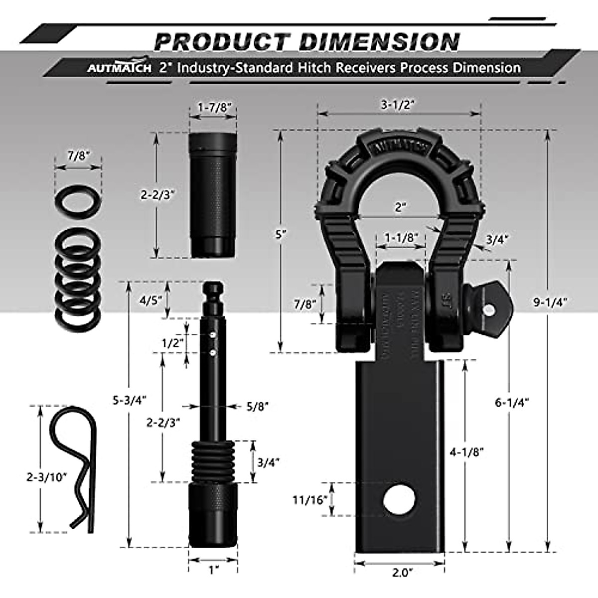 AUTMATCH Shackle Hitch Receiver 2 Inch with 3/4" Mega D Ring Shackle and 5/8" Trailer Hitch Lock Pin, 68,000 Lbs Break Strength Heavy Duty Receiver Kit for Vehicle Recovery, Gloss Black