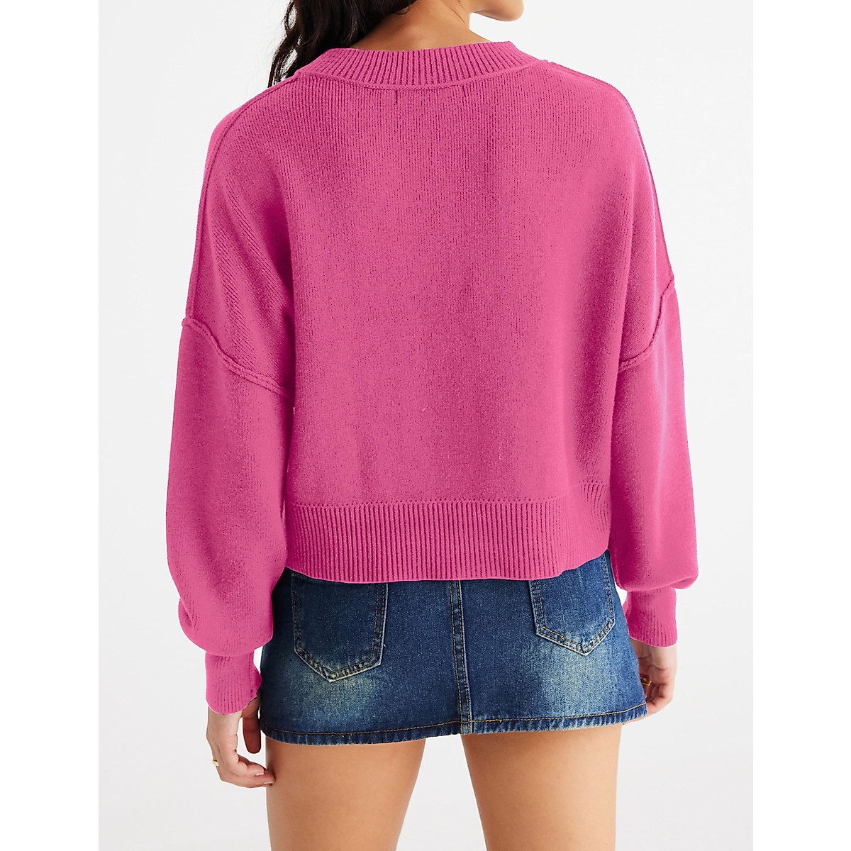 MEROKEETY Oversized Cropped Sweaters for Women Fall 2025 Trendy Crewneck Batwing Sleeve Knit Tops Side Slit Pullover Sweater Jumper HotPink Small
