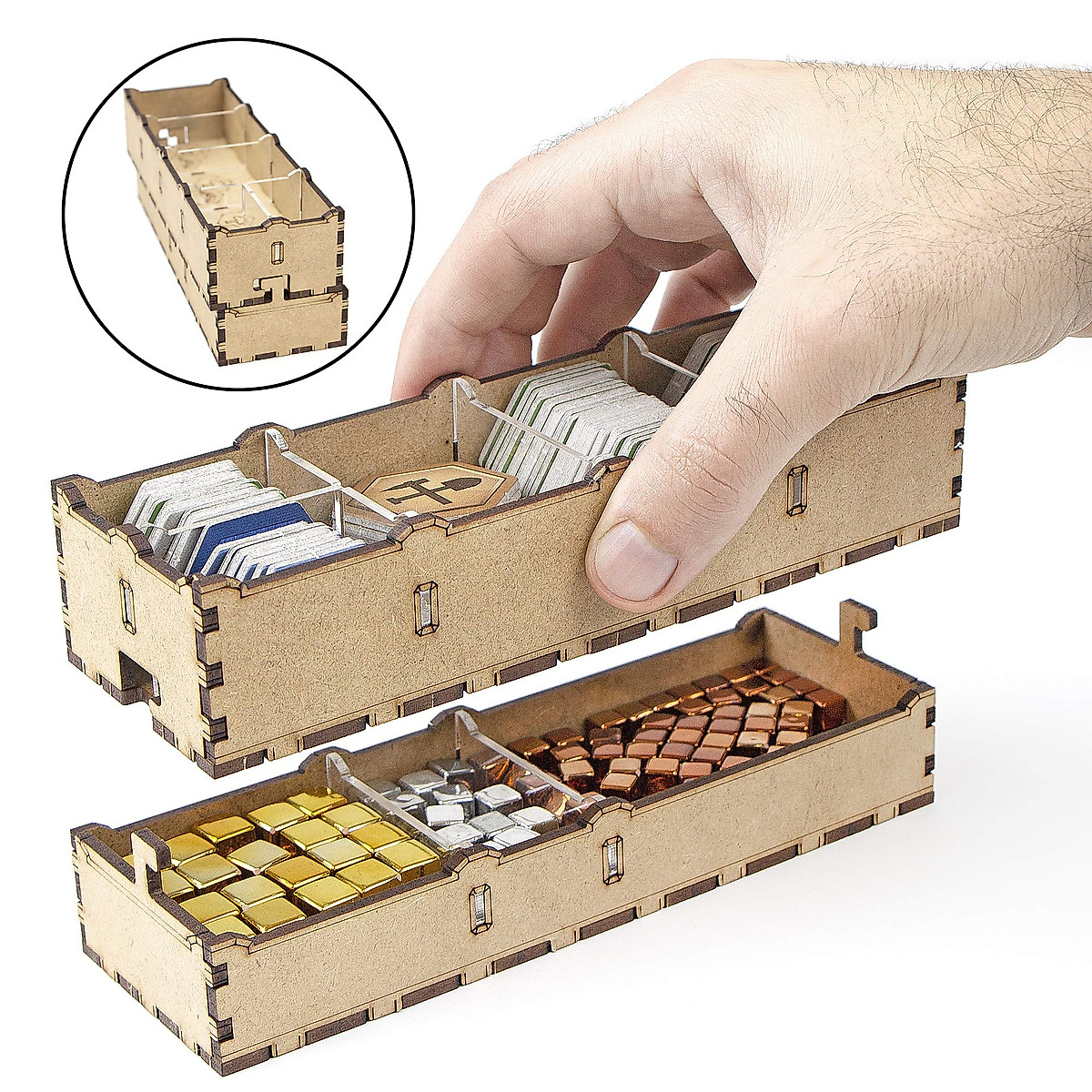 TowerRex Board Game Organizer for Terraforming Mars board game box, Terraforming Mars boardgame expansions, Turmoil, Colonies expansion, Prelude expansion, Hellas and Elysium expansion, Venus Next