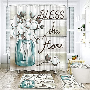 RnnJoile Farmhouse Bathroom Sets with Shower Curtain and Rugs Cotton with Bless This Home Art Sign Bath Curtain 4 Piece Fabric Cloth Bathroom Decor Set with Hooks Teal