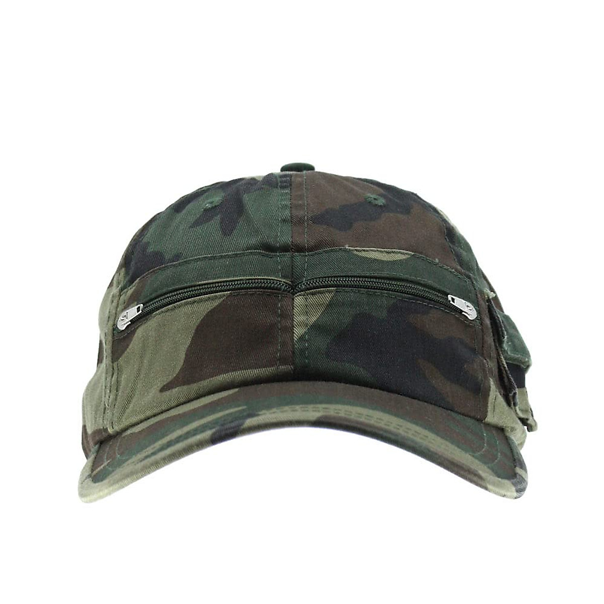 Zipper Pocket Washed Cotton Sandwich Adjustable Baseball Cap (Woodland Camo)