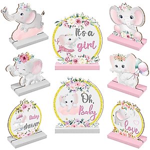 8 Pieces Pink Elephant Baby Shower Decorations Elephant Table Centerpiece Wooden Baby Shower Centerpieces for Girls Cute Wooden Sign for Baby Shower Birthday Photo Props Party Supplies, 8 Styles