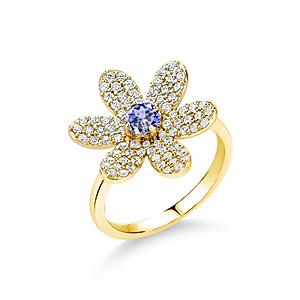 Gem Stone King 18K Yellow Gold Plated Silver 4MM Round Gemstone Birthstone Flower Ring For Women By Keren Hanan | Available in Size 5,6,7,8,9
