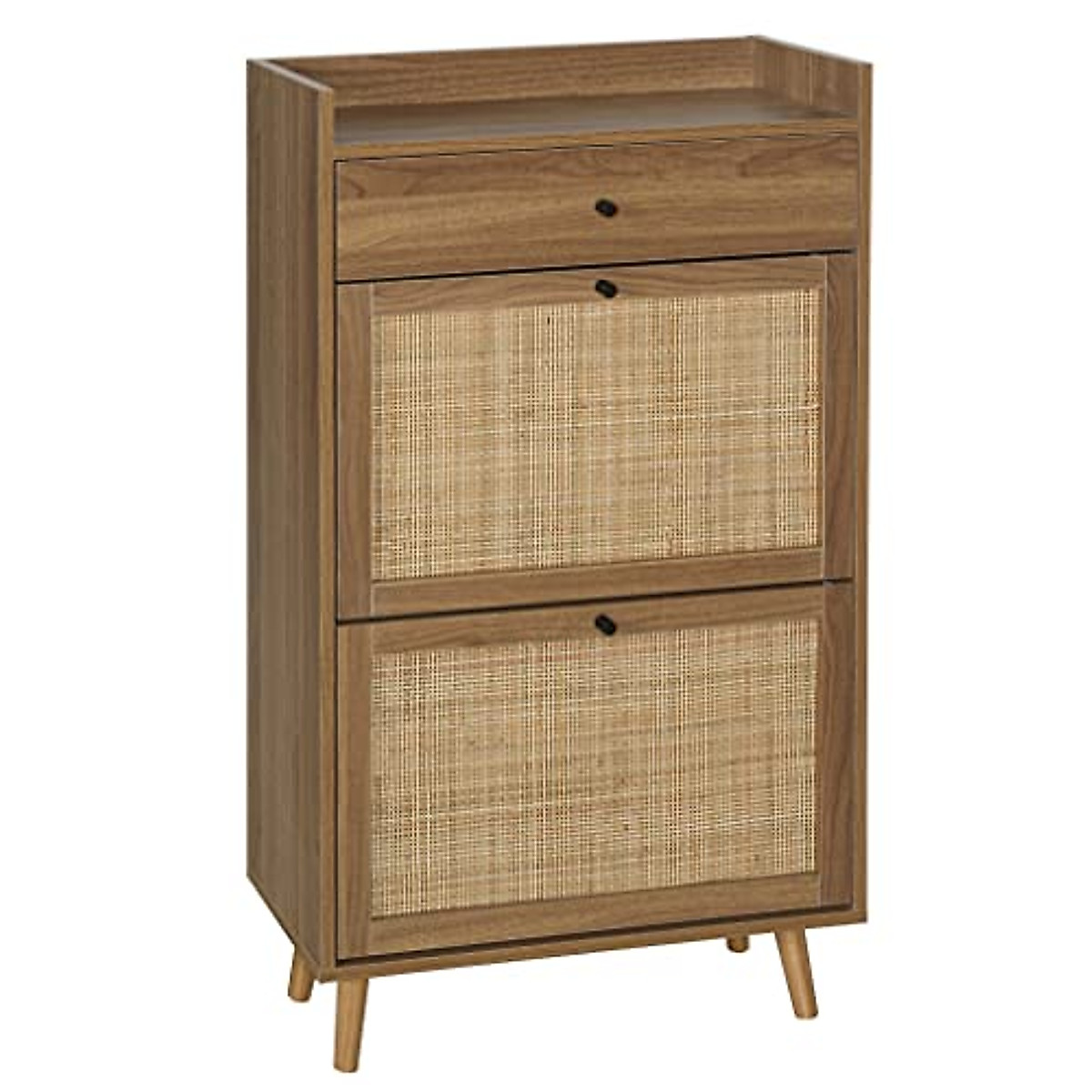 Pvillez Shoe Storage with Flip Drawers & Open Shelves,NaturalRattan Shoe Cabinets,Shoe Organizer RackWooden Shoe Organizer for Entryway/Bedroom/Living Room/Apartment,Free Standing