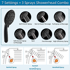 Hygie Rinse 10" High Pressure Rainfall Shower Head All Metal 7-Spray Handheld Showerhead Combo with 11" Adjustable Shower Extension Arm, 71" Extra Long Hose, Adhesive Shower Head Holder, Matteblack