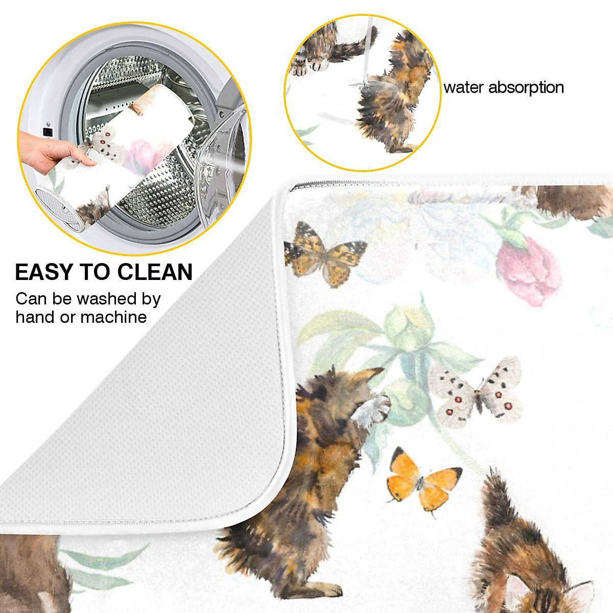 JUMBEAR Cat Butterflies Dish Drying Mat Absorbent Reversible Dish Drainer Pad Tableware Mat for Kitchen Countertop Home Decoration, 16 x 18 Inch