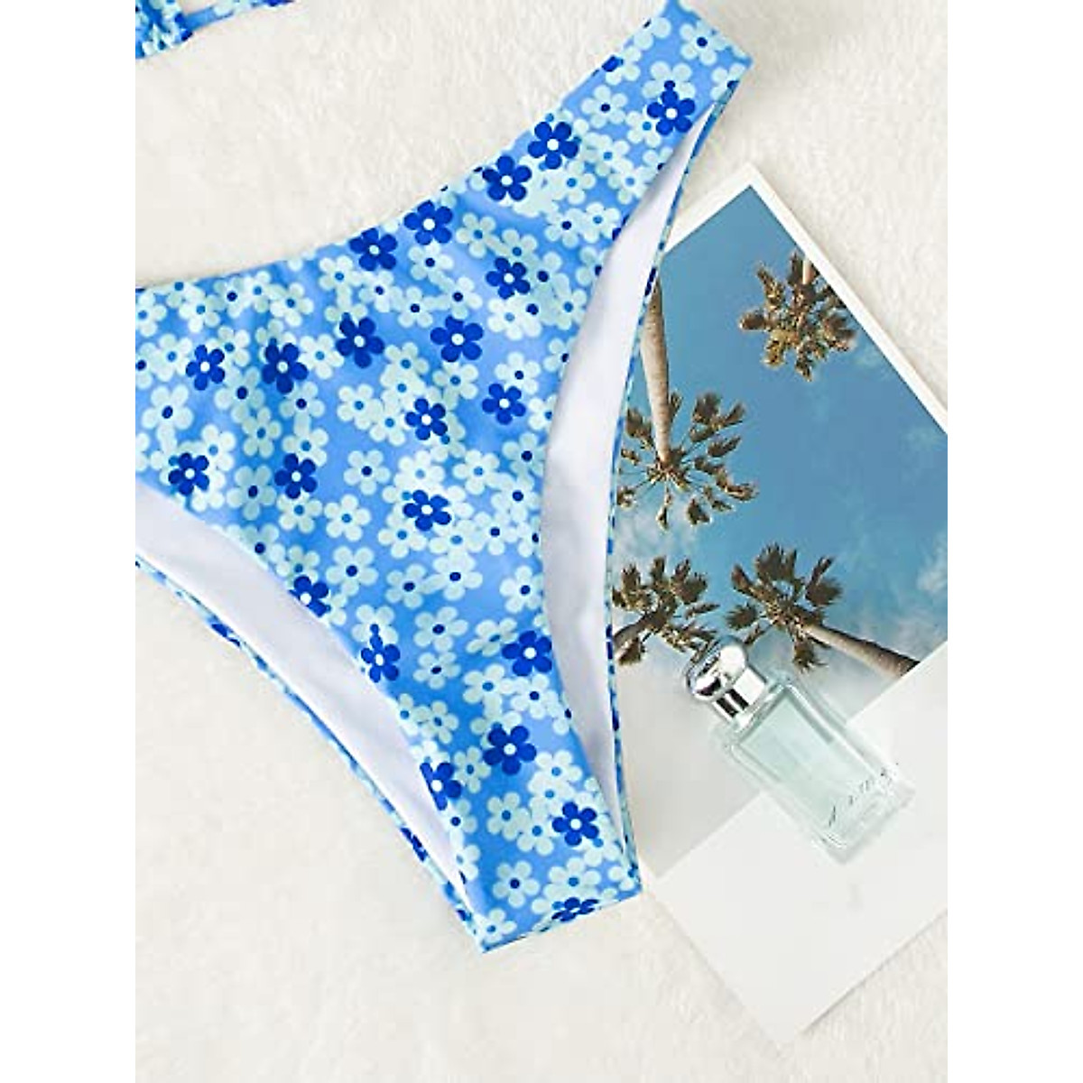 SOLY HUX Women's Floral Print Halter Triangle Tie Side Bikini Bathing Suits 2 Piece Swimsuits Ditsy Floral Blue S