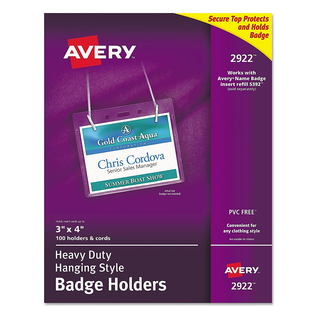 Avery Heavy Duty Badge Holders, 3" x 4", 100 Horizontal ID Badge Holders with Cords (2922)