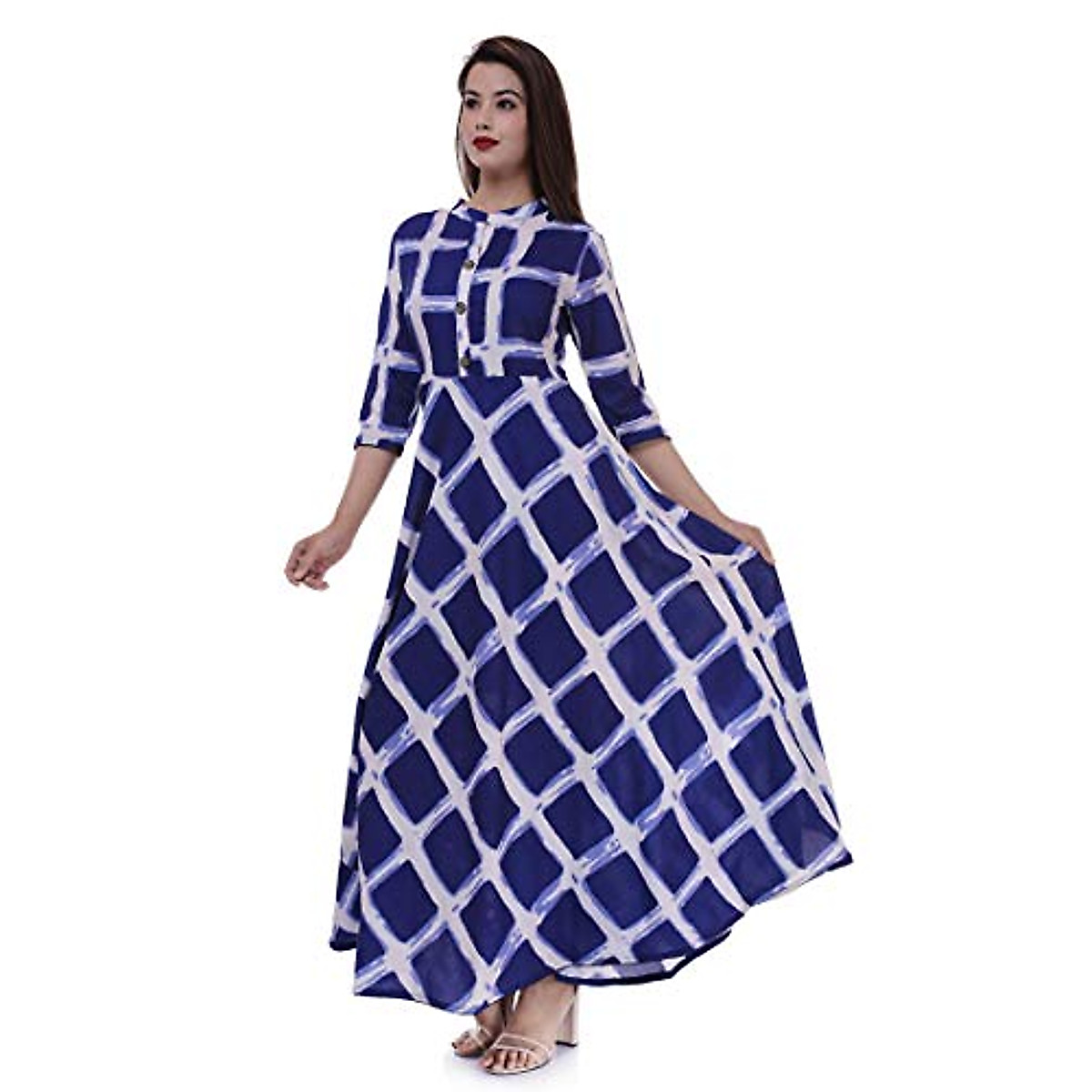 Ramkudi Indian Women's Checks Cotton Kurti Top (Navy Blue)