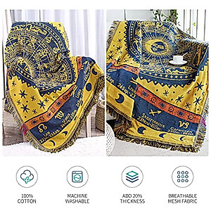 Zodiac Throw Blanket，Edcooy Boho Hippie Woven Witchy Astrology Celestial Constellation Balnket for Home Decor, Double Side Cover Chair Sofa Couch(Yellow,S 51" x 71")