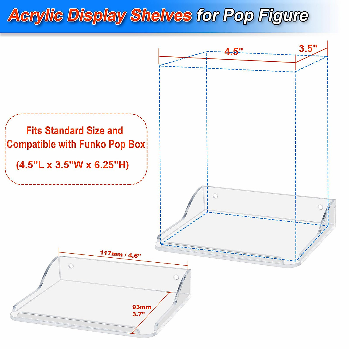 Cosmos 2 Pcs Acrylic Display Shelves Wall Figure Display Stand Floating Shelves Compatible with Funko Pop Figure Collection Box (4.5" x 3.5") - With Screws and Self Adhesive Tape, Transparent Clear