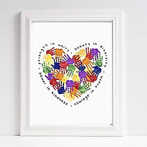 Inclusivity and Diversity Art for Kids - Handprints Heart - Strength in Unity Beauty in Diversity Power in Kindness Rainbow Colors Classroom UNFRAMED Poster 5x7" 8x10" 11x14" 16x20" 24x36"