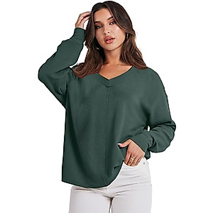 ANRABESS Oversized Long Sleeve Shirts for Women Off the Shoulder Sweatshirt Loose V Neck Tunic Tops High Low Sweater 2024 Large Dark Green