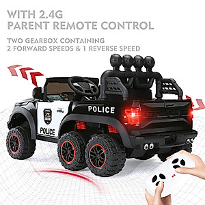 JOYLDIAS Kids Ride On Police Car, 12V Battery Powered Electric Cars W/2.4G Remote Control, 6 Wheels, Real Tailgate, Spring Suspension, LED Flashing Lights, Megaphone Siren Music & Horn Intercom