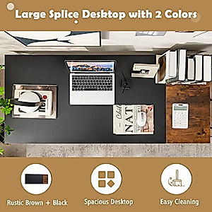 COSTWAY 55” Computer Desk, PC Laptop Desk with Storage Shelves, Large Computer Desk with Splice Board, Adjustable Foot Pads, Industrial Home Office Desk for Writing, Study, Game (Black)