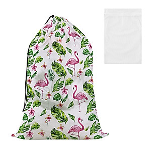 Cute Flamingo Leaves Laundry Bag Travel Mesh Dirty Clothes Organizer Large Washable Laundry Bag with Drawstring Easy Fit a Laundry Basket Hamper for College Dorm Vacation Camp