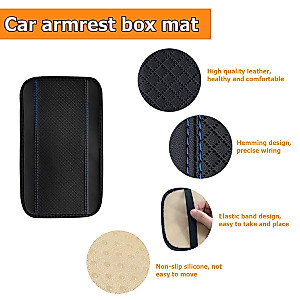 8sanlione Car Armrest Storage Box Mat, Fiber Leather Car Center Console Cover, Car Armrest Seat Box Cover Accessories Interior Protection for Most Vehicle, SUV, Truck, Car (Black/Blue)