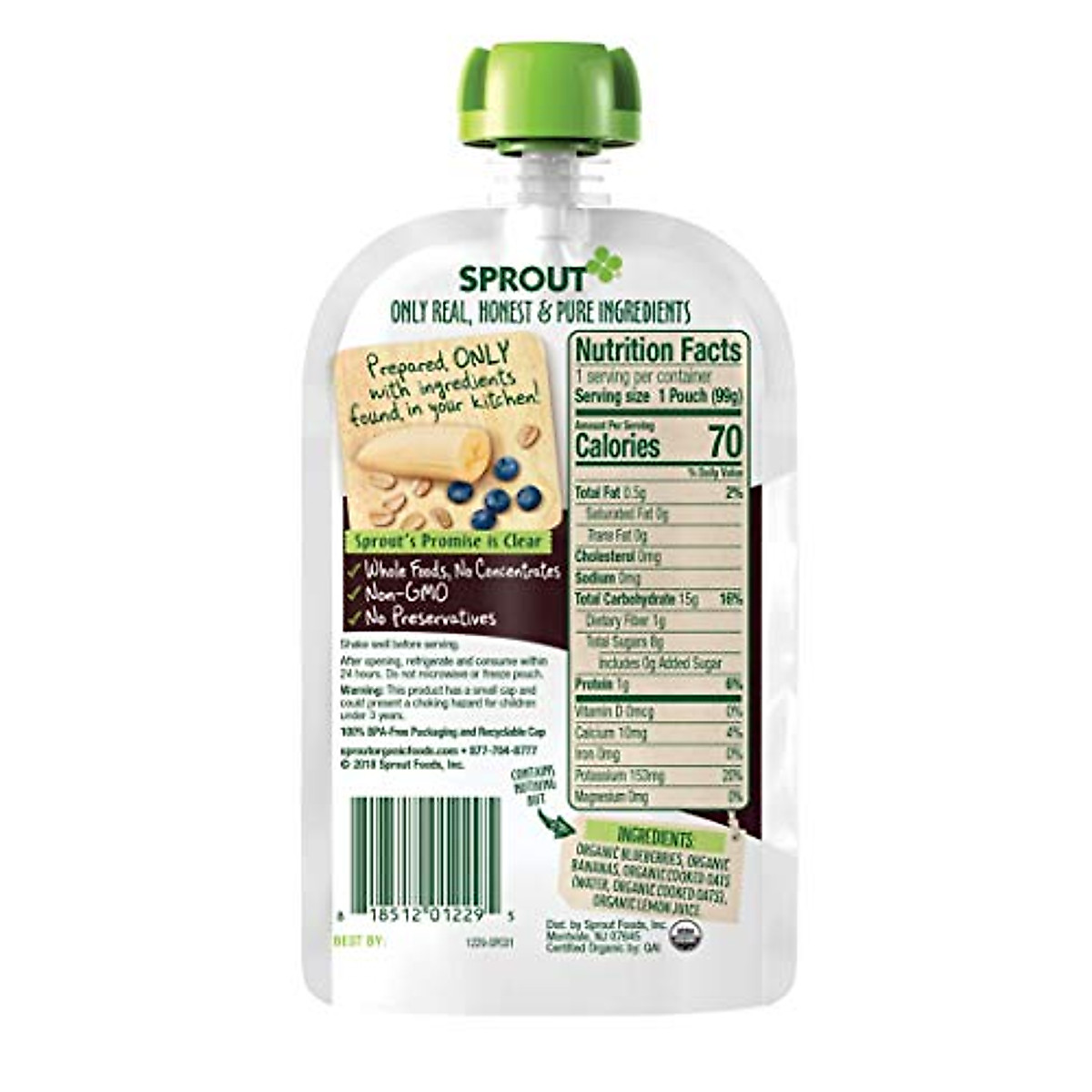 Sprout Organic Baby Food, Stage 2 Pouches, Fruit Veggie & Grain Blend, Blueberry Banana Oatmeal, 3.5 Oz Purees (Pack of 6)