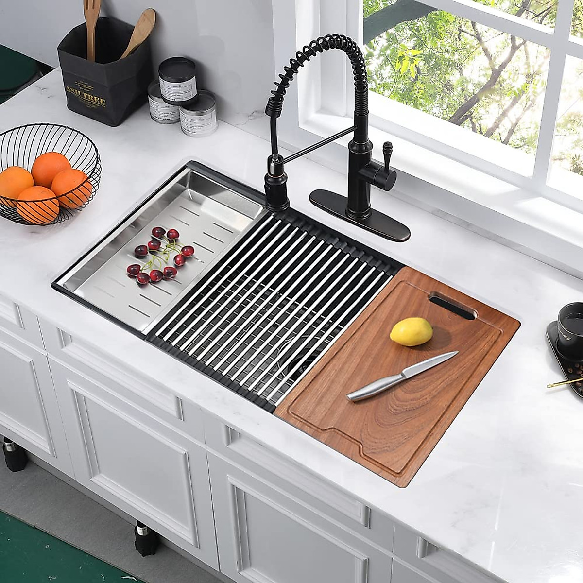 33 Inch Black Undermount Kitchen Sink Workstation-Bokaiya 33x19 Kitchen Sink Undermount 16 Gauge Deep Stainless Steel Single Bowl Undermount Workstation Sink with Cutting Board