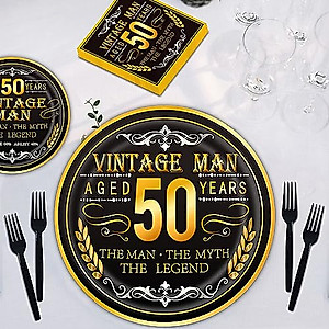 Elomy 50th Birthday Party Supplies Men - 96PCS Black Gold 50th Birthday Decorations Birthday Party Tableware Set Women 50th Birthday Party Decor Plates Cheers to 50 Years Dinnerware Set(24 Guests)