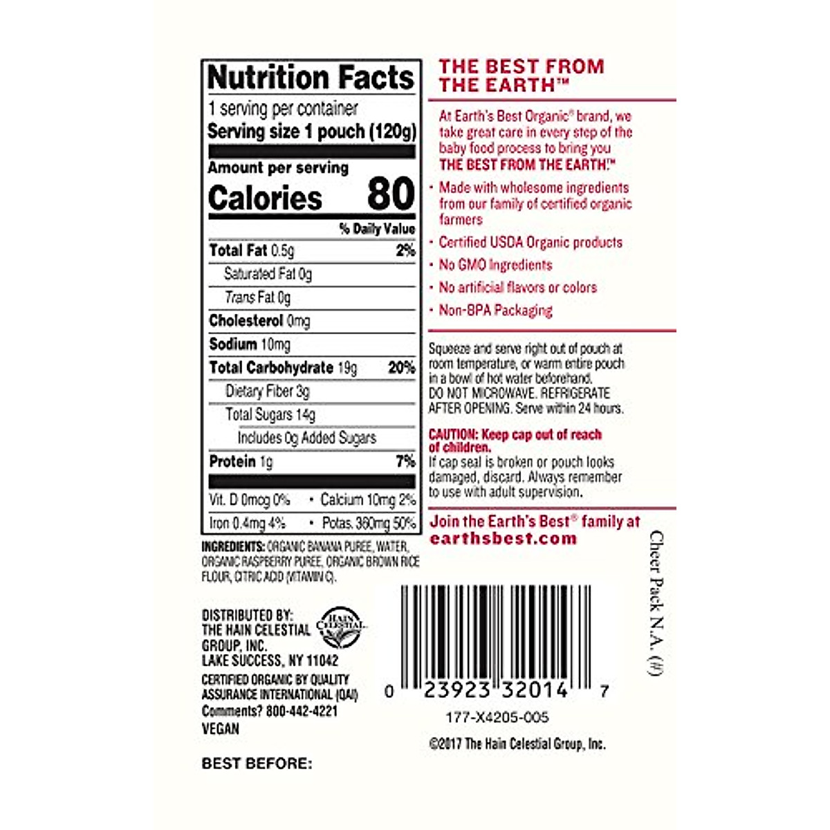 Earth's Best Organic Stage 2, Banana, Raspeberry & Brown Rice, 4.2 Ounce Pouch (Pack of 6)