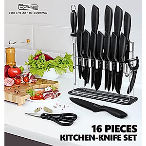 MICHELANGELO Kitchen Knife Set with Block, Sharp Black Knife Set for Kitchen, 16 Piece Stainless Steel Cooking Knife Set with Sharpener, Includes Steak Knives Set, Chef Santoku Knives, Black