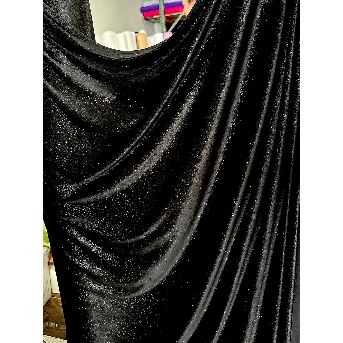 Glitter Velvet Fabric Soft Stretchy Cloth with Shimmers - Perfect for Dressmaking Costumes Upholstery and Christmas Decor 1 Yard of Spandex Fabric for Sewing and Crafts (Black)