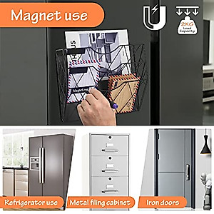 Magnetic File Holder, File Organizer for File Cabinets, Mail Organizer Vertical Magazine Holder for Refrigerator, No-Drill Mount Hanging Magnetic Folder Holder for Office Home（3-Tier, Black)