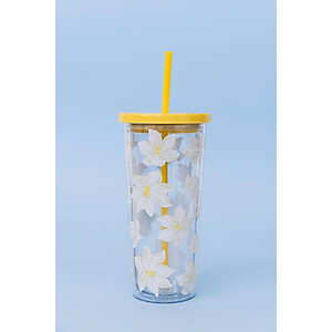 Draper James Travel Tumbler with Lid and Straw, 24 Ounce Insulated Cup, Clear Floral Plastic Double Wall Tumbler, Magnolias