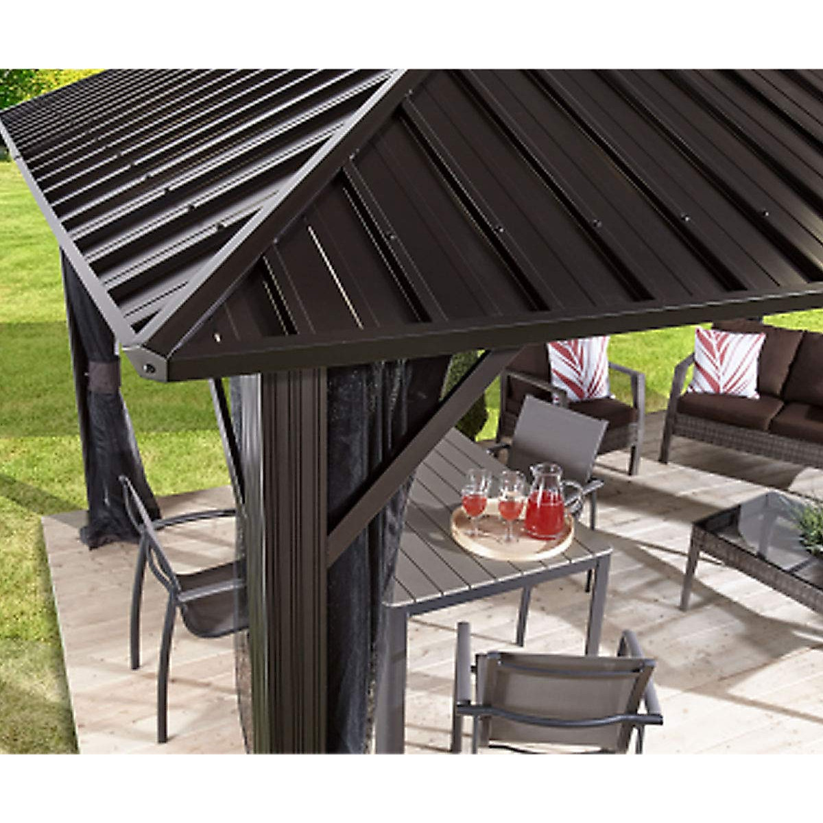 Sojag 12' x 16' Genova II Hardtop Gazebo Outdoor Weather-Resistant Aluminum Frame Shelter with Mosquito Net Black,Brown
