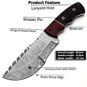 Handmade Tracker Knife Damascus Knife for Hunting Camping - 10 Inch Damascus Steel Hunting Tracker Knife with Horizontal Carry Sheath - Fixed Blade Survival tactical full tang Bushcraft Knife (Wenge & Padauk)