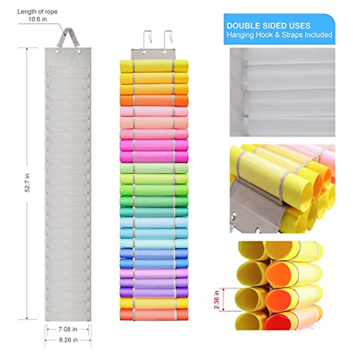 HOME SHARON Vinyl Roll Holder - 48 Rolls Storage Organizer, Nylon Organizer for Vinyl Sheet, Cardstock, Scrapbook Paper - Hanging Hook and Strap Included