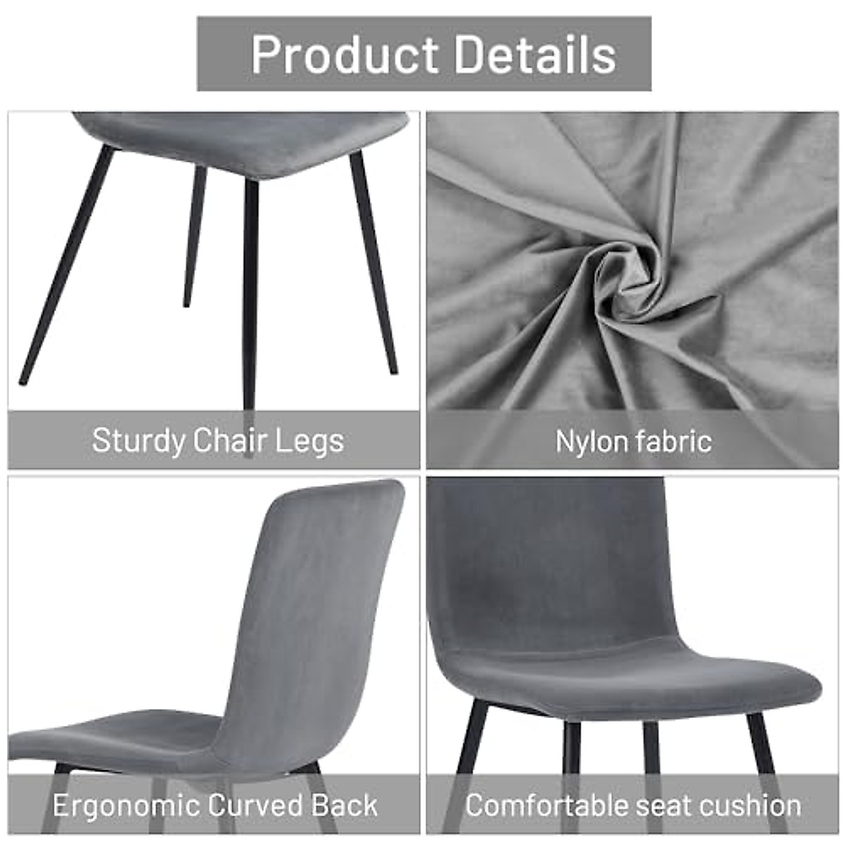 FurnitureR Scandinavian Dining Chairs Set of 4, Comfy Side Chair with Velvet Seat Sturdy Metal Legs for Kitchen Living Bedroom, Charcoal