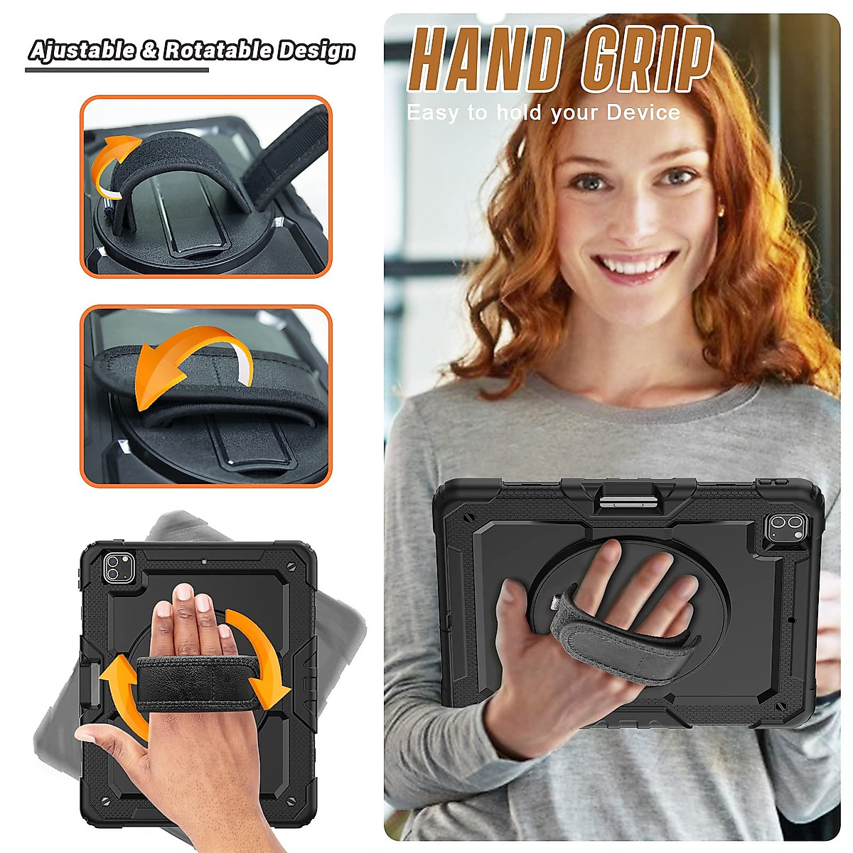 Herize Case Compatible with iPad Pro 12.9 inch 6th/5th/4th Generation with Screen Protector Pencil Holder | Full Body Shockproof Rugged Protective Rubber Case W/Stand Strap | Black