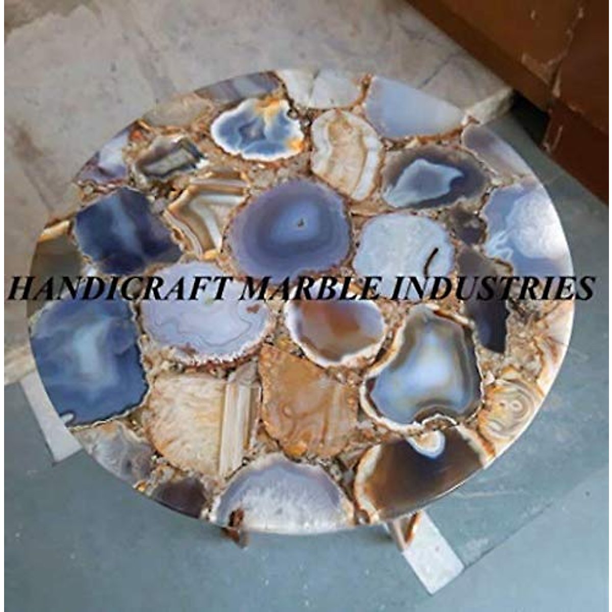 Natural Agate Table, Agate Table With Metal Stand, Round Agate Stone Table, Centerpiece, Agate Side Table 12" Inch