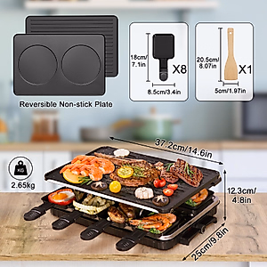 Raclette Table Grill, Electric Griddle Korean BBQ Grill Indoor Grill, 2 in 1 Electric Griddle Nonstick with 8 Raclette Cheese Pans Adjustable Temperature Control 1300W Ideal for Family and Party Fun