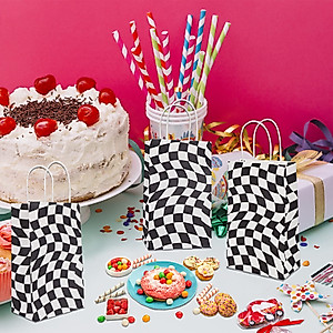 30 pieces Plaid Race Car Favors Paper Bags with Handle, Checkered Racing Gift Bags Bulks, Size 9'(H)x5.5'(L)x3.3'(D) Black and White Checkered Race Car Themed Kraft Paper Bags for Kids Birthday Party