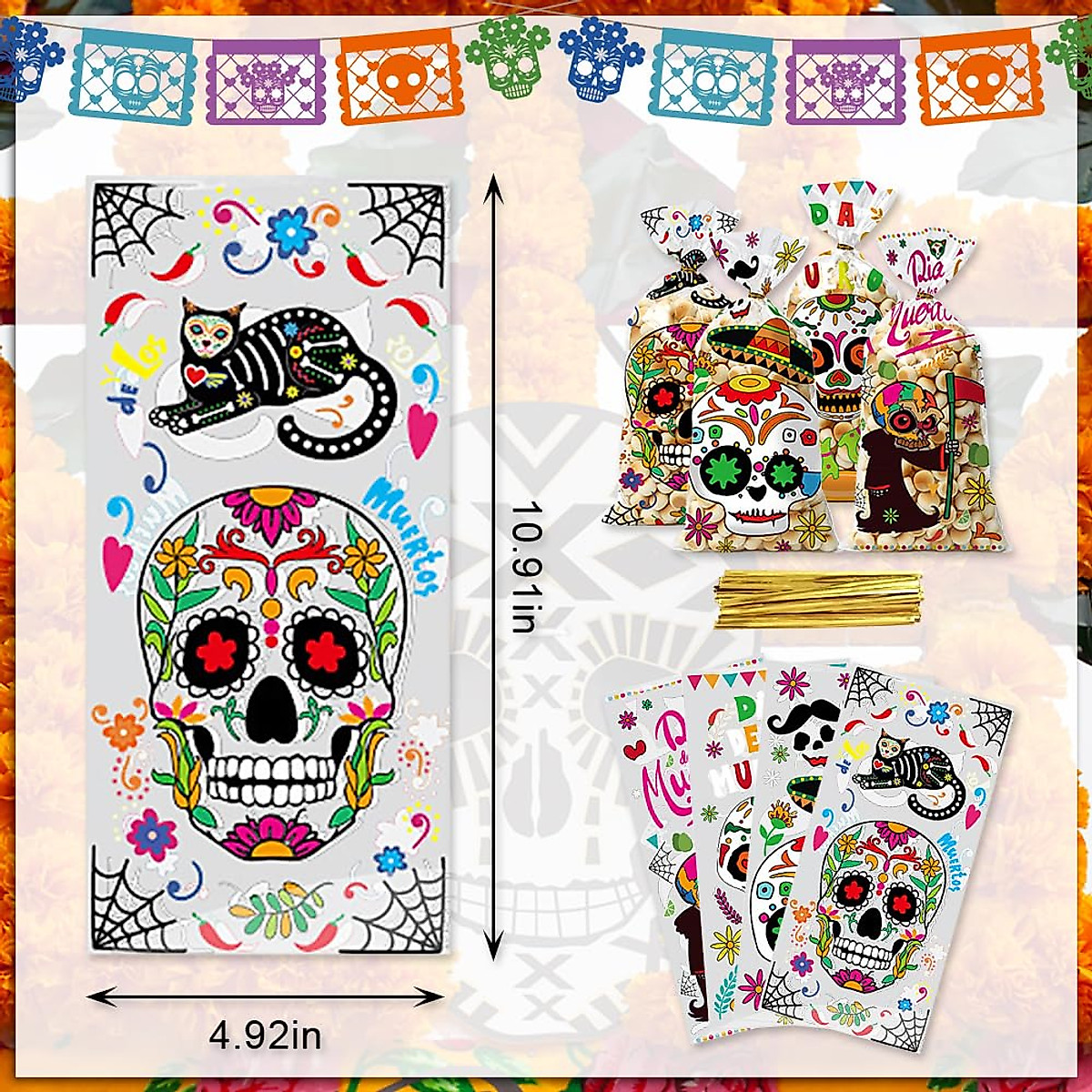 Hying 100PCS Day of the Dead Cellophane Bags for Candy Cookie, Dia de Los Muertos Sugar Skull Candy Bags with Twist-Ties Calavera Skull Treat Goody Bags for Mexican Halloween Party Favors Supplies