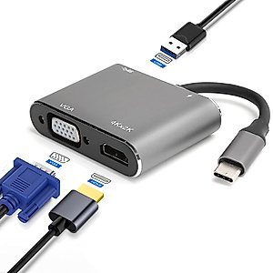 USB C Hub, 4 in 1 C to C VGA USB HDMI Hub Adapter, 4kx2k 30Hz/60Hz Portable Docking Station with C/VGA/USB/HDMI Port，Multiport Splitter for Charging Smartphones/ Keyboard/ Mouse/ USB Memory Stick