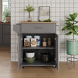 Tornama Kitchen Island with Storage, Rolling Kitchen Island on Wheels with Solid Wood Countertop, White Kitchen Island Cart with Rattan Storage Cabinet, Spice Rack, Towel Rack and Drawers