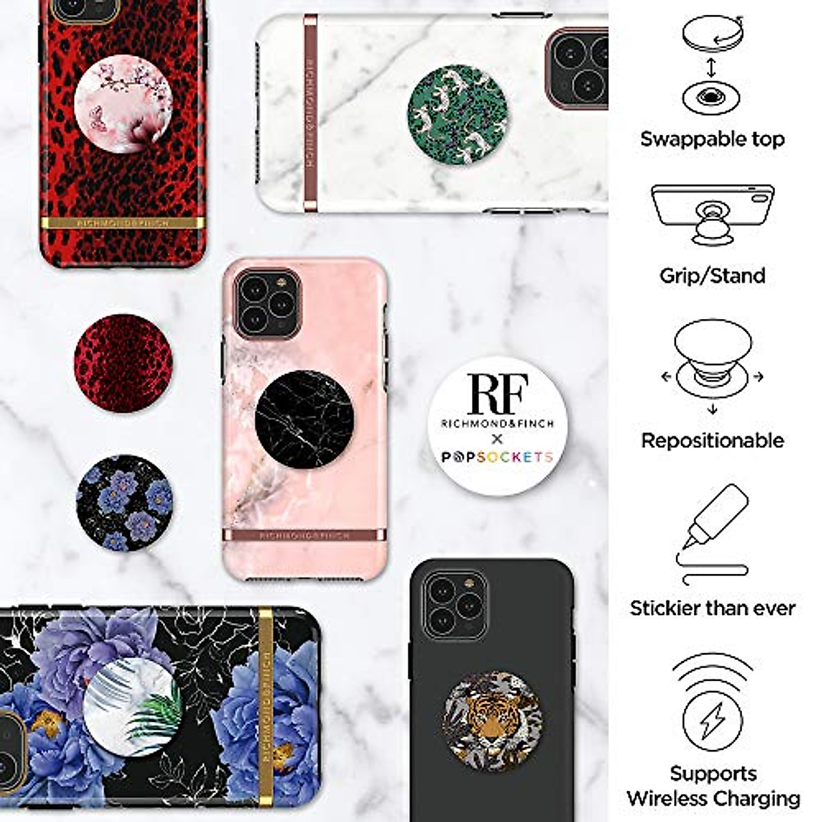 Richmond & Finch PopSocket PopGrip, Universal Expanding Mobile Phone Stand and Grip for Phones and Tablets, Includes Swappable Top, Marble - Black
